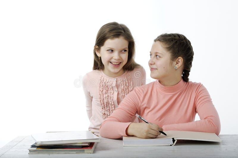 Little Girls Read Books Back To Back on White Stock Photo - Image of ...