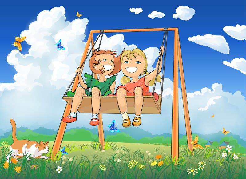 Little girls on swing stock illustration. Illustration of playful ...