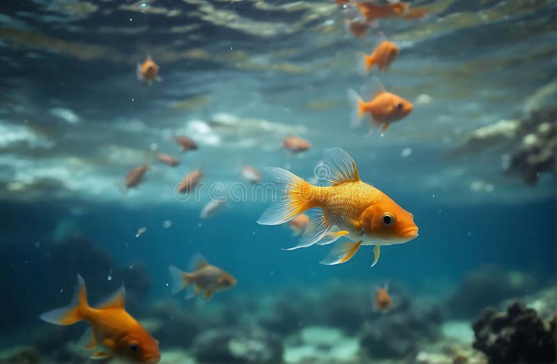 Little Goldfish Swims Underwater in the Ocean. Generative AI Stock ...