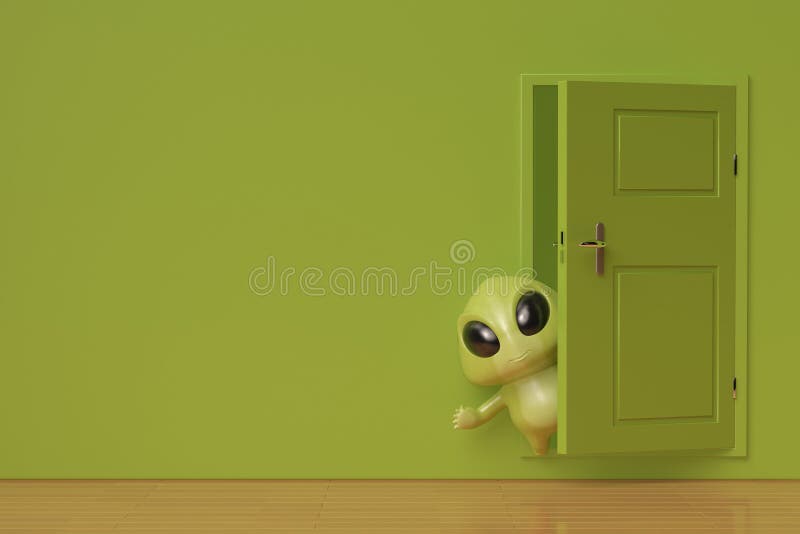 A Little Green Monster at Back on the Door,3D Illustration. Stock ...