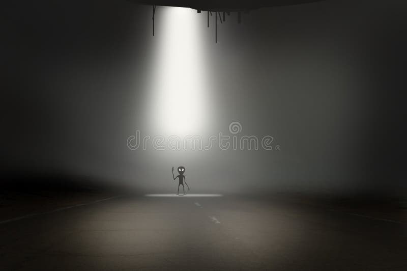 Little Grey Alien in Rays on Road Stock Image - Image of beam, montage ...