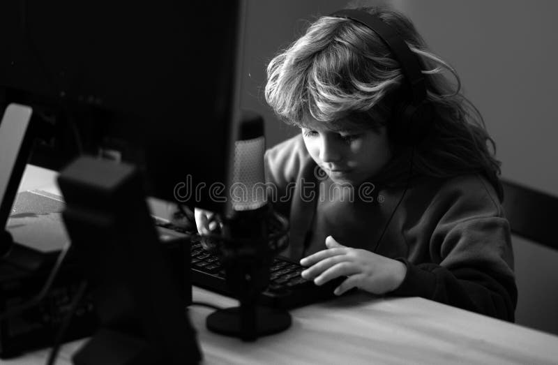 Little Hacker, Young Programmer. Child with Pc Computer at Night ...