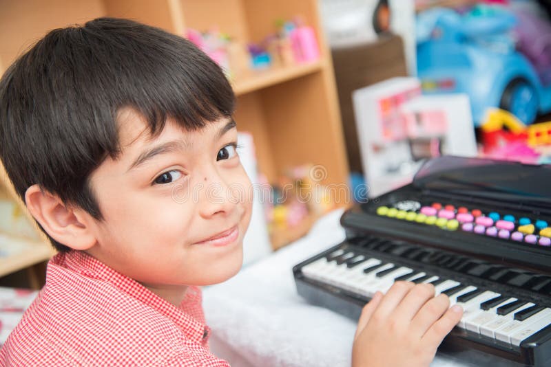 Little Hand Boy Playing Small Keyboard Practice Indoor Stock Image ...