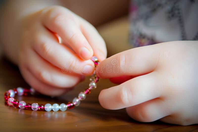Little Hands Stringing Beads Onto a Homemade Necklace Stock Image ...
