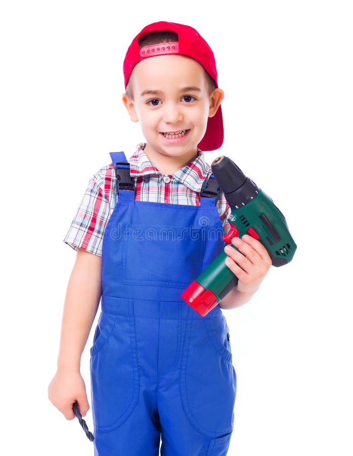 Little handyman with drill stock photo. Image of smiling - 35320642