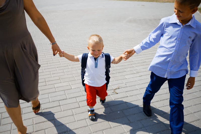 Little Happy Child Walks and Holds Hands Stock Image - Image of cute ...