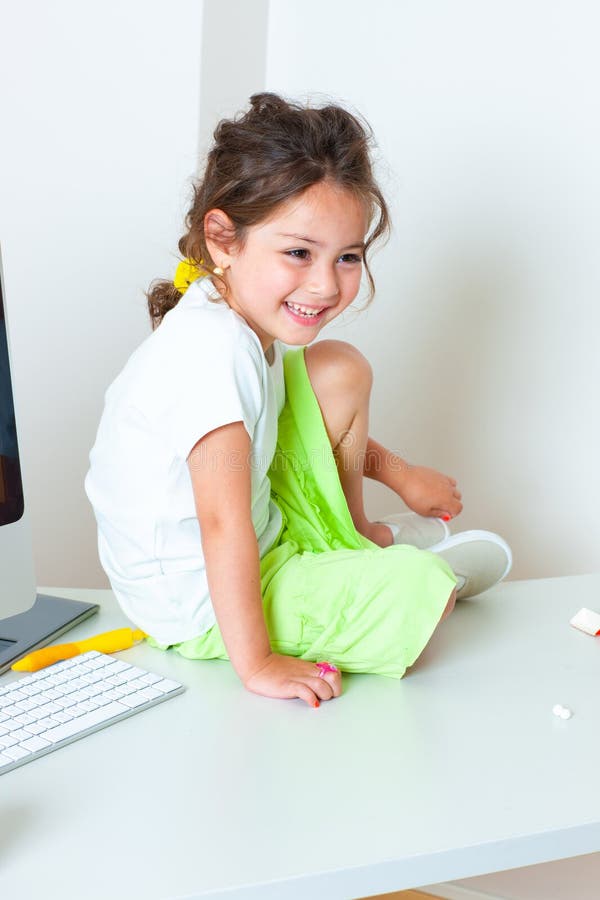 Little Happy Girl in Computer Science Class Stock Image - Image of ...