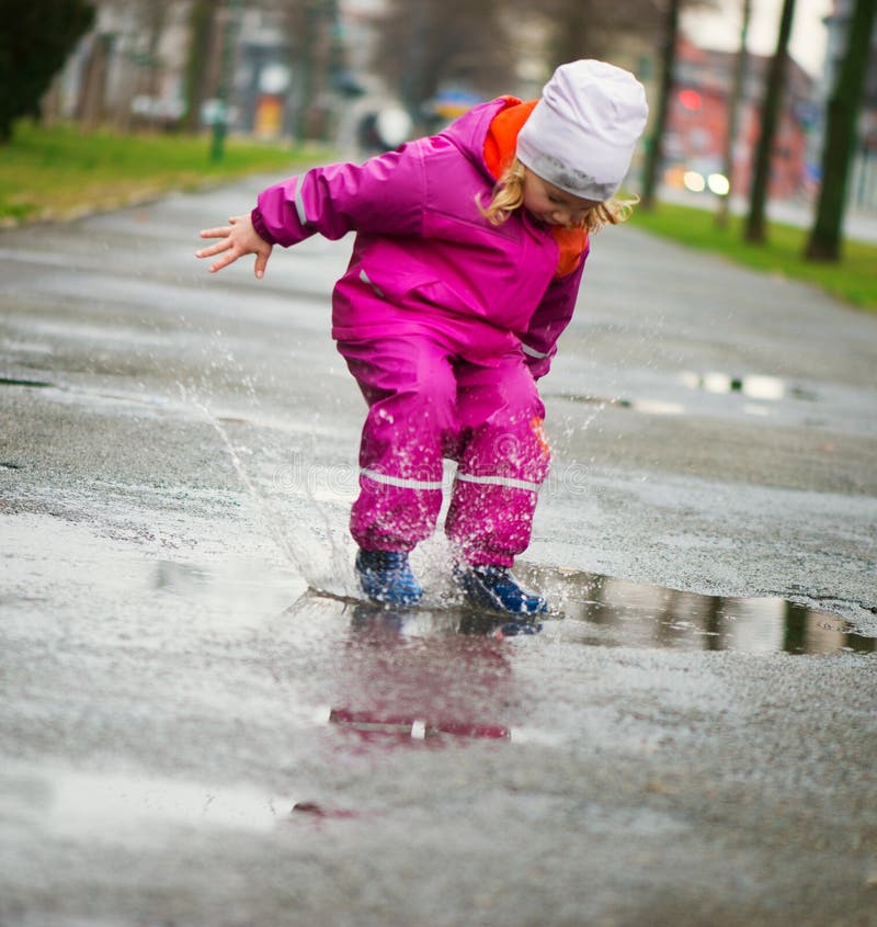 Little Happy Girl Jumping in Puddle Stock Image - Image of preschooler ...