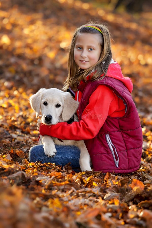Little Happy Girl with Puppy Stock Photo - Image of little, friendship ...