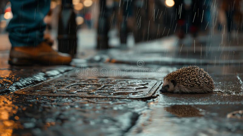 The Little Hedgehog Cold and Tired in the Rain Stock Image - Image of ...