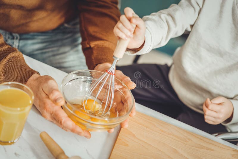 Little Helpful Boy Helping Beating Eggs for Fruit Pie Stock Photo ...