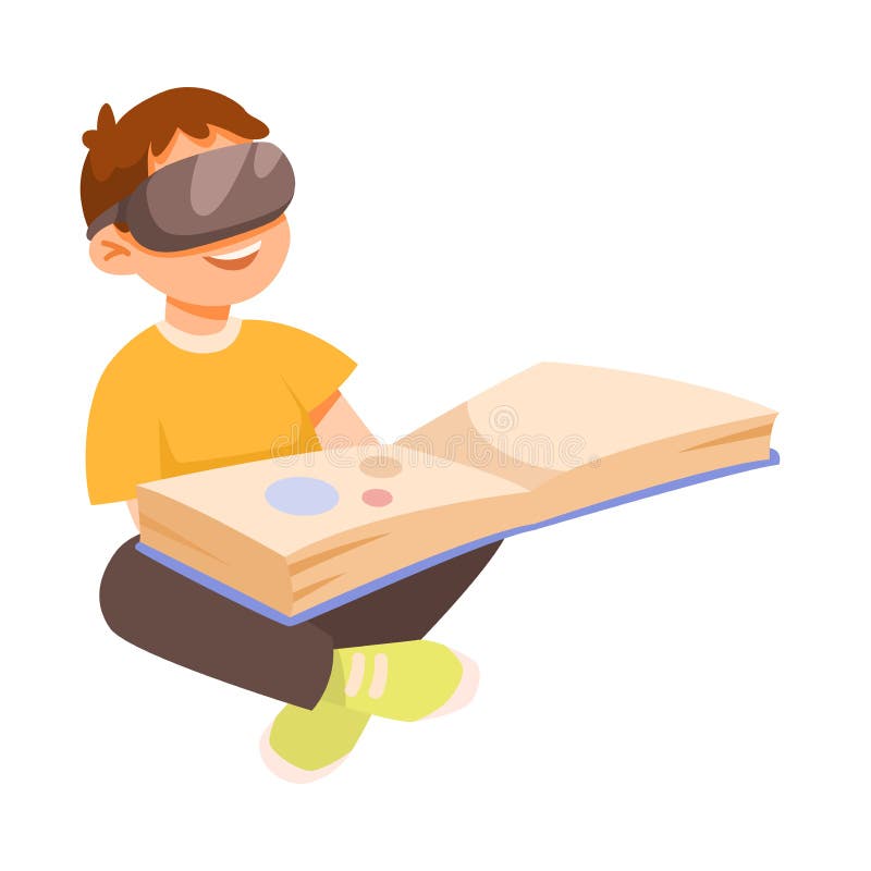 Little Kid in Augmented Reality Glasses Reading Book Vector ...