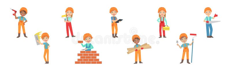 Little Kid Builder Character Wearing Hard Hat with Construction Tool ...