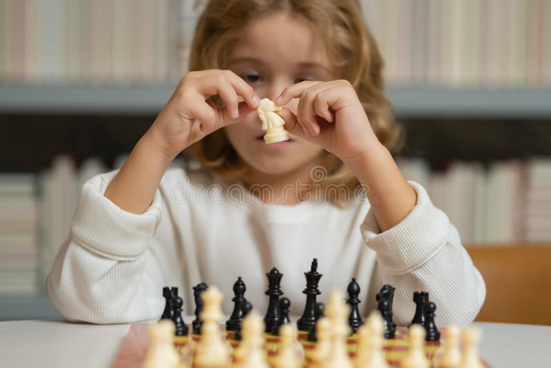 Little Kid Chessman Play Chess Game, Checkmate. Child Playing Chess in ...