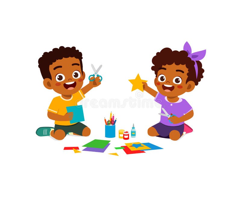Little Kid Cut Paper for Art with Friend Stock Illustration ...