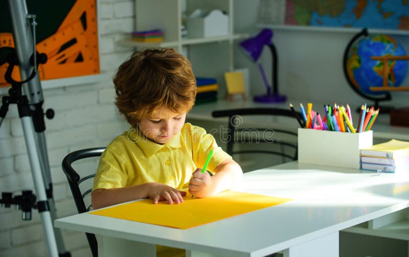 Little Kid Doing Homework for Elementary School. Cute Schoolboy Drawing ...