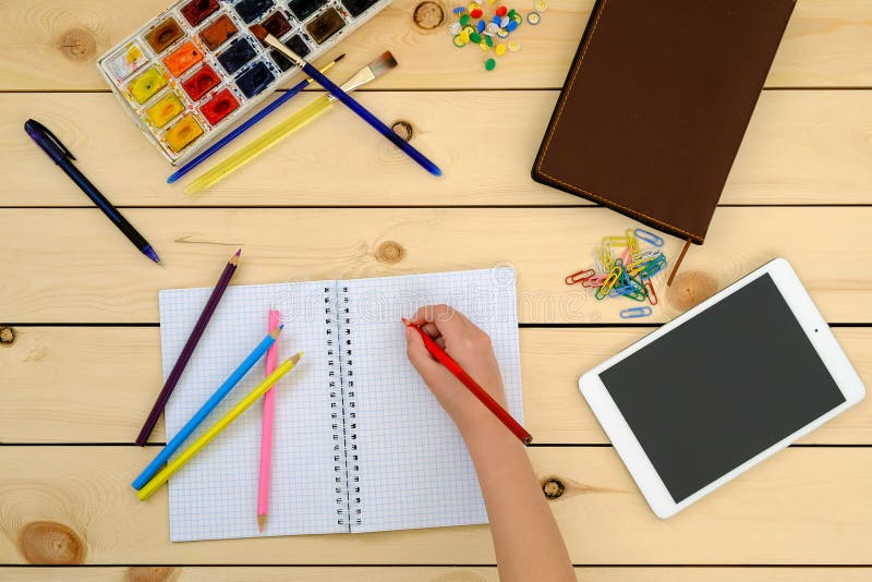 Little Kid Doing Homework in Notebook - Top View Stock Image - Image of ...