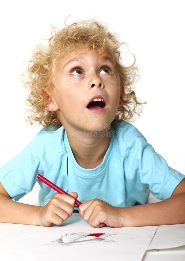 Little Kid Drawing and Thinking Stock Image - Image of white, child ...