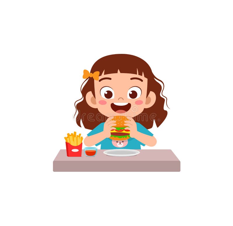Little Kid Eat Hamburger and Feel Happy Stock Vector - Illustration of ...