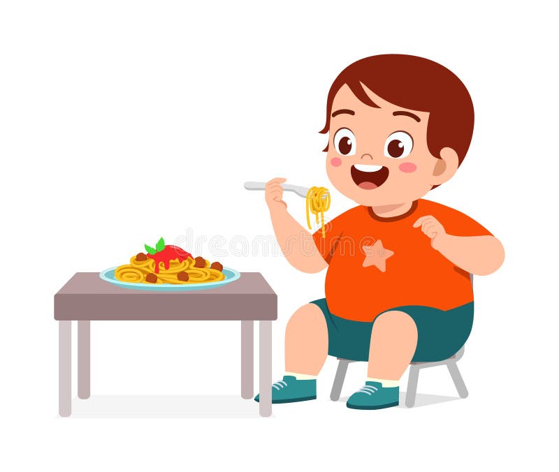 Little Kid Eat Spaghetti Food and Feeling Happy Stock Vector ...