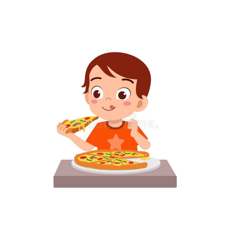 Little Kid Eating Pizza and Feel Happy Stock Vector - Illustration of ...