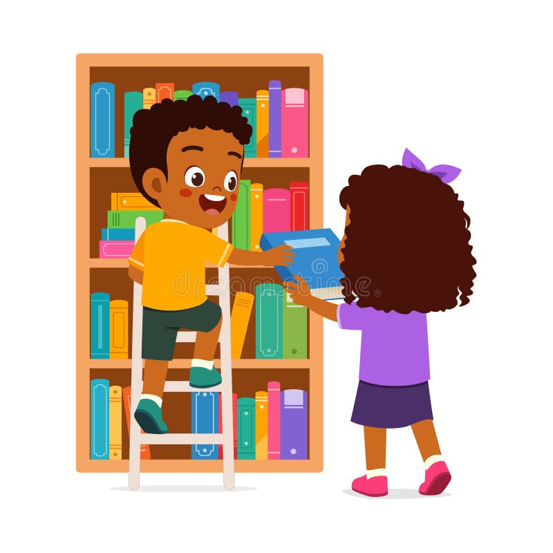 Little Kid and Friend Take a Book from Bookshelf Using Ladder Stock ...