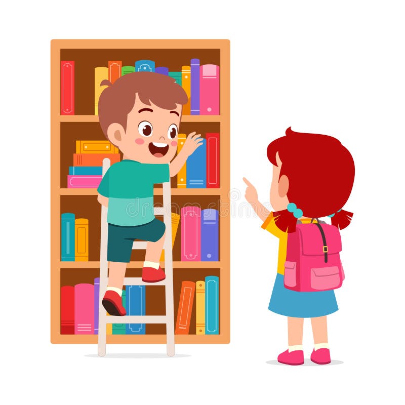 Little Kid and Friend Take a Book from Bookshelf Using Ladder Stock ...