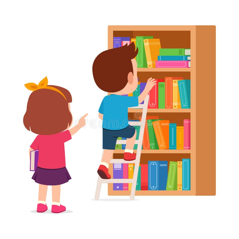 Little Kid and Friend Take a Book from Bookshelf Using Ladder Stock ...