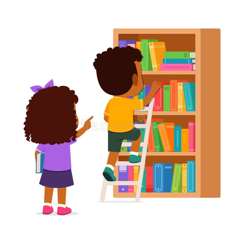 Little Kid and Friend Take a Book from Bookshelf Using Ladder Stock ...