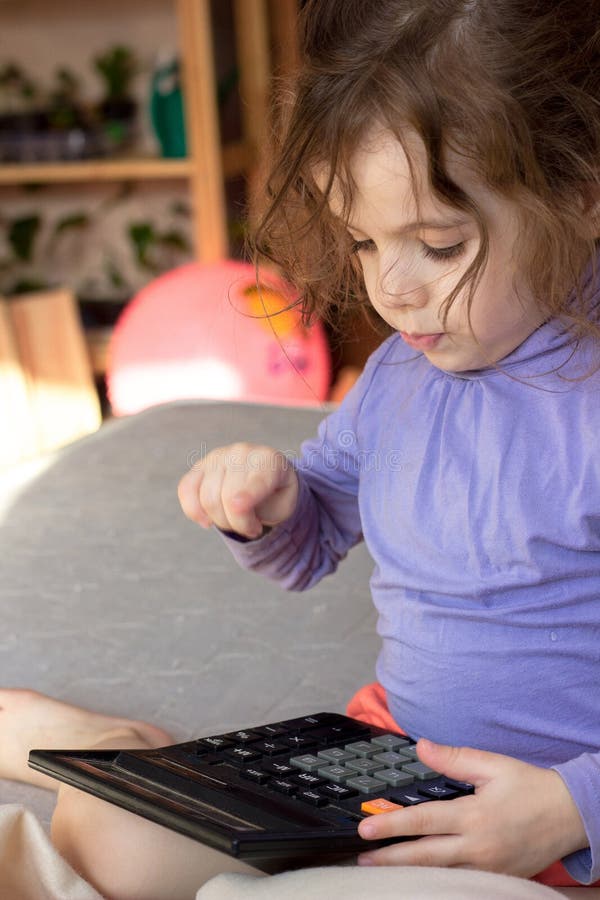 Little Kid Girl with a Calculator in Hands. Stock Image - Image of bank ...