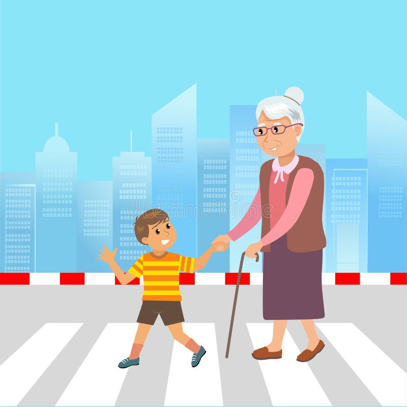 Children Helping The Elderly Cross The Road