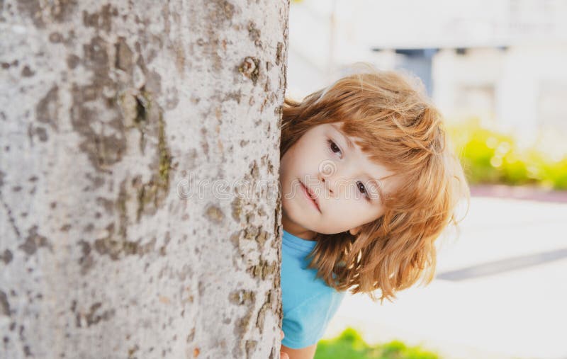 Little Kid Hide by Tree. Hide and Seek. Peekaboo. Stock Photo - Image ...