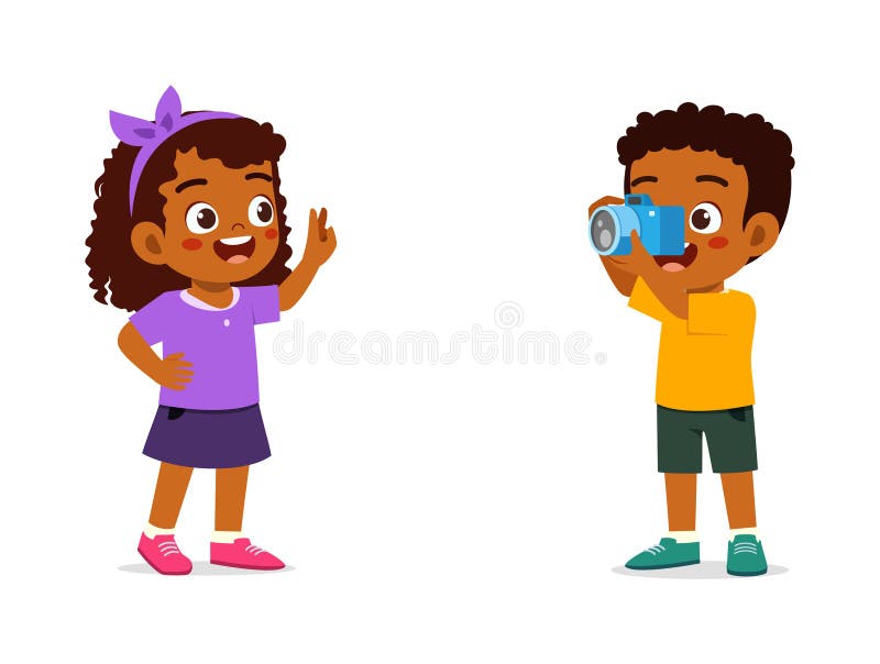 Little Kid Holding Camera and Take Photo of Friend Stock Vector ...