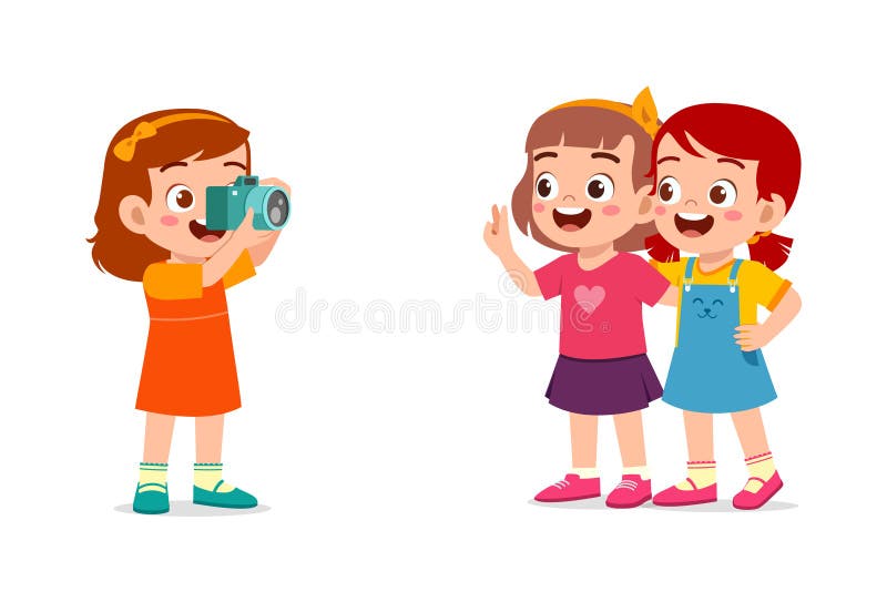 Little Kid Holding Camera and Take Photo of Friend Stock Vector ...