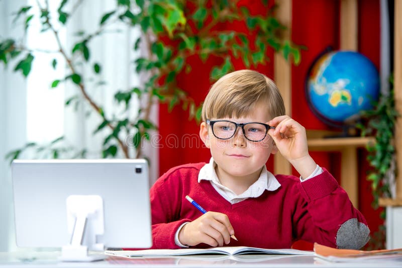 Little Kid Making School Homework on Computer. Child Learning on Pc ...