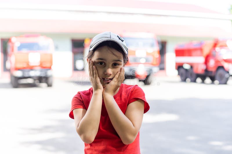Little Kid Near Red Fire Truck. Stock Image - Image of firefighter ...