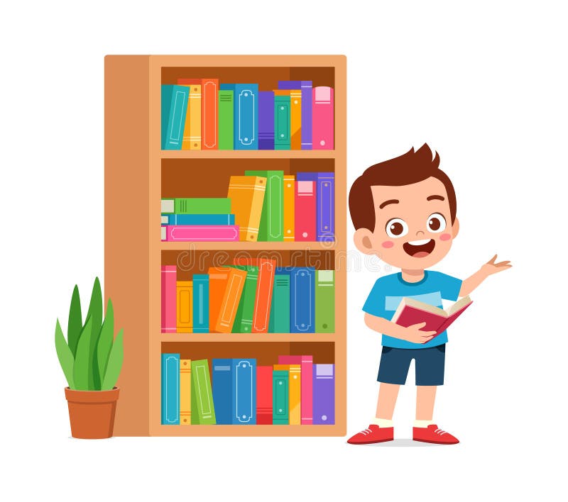 Little Kid Read Book in the Library Stock Illustration - Illustration ...