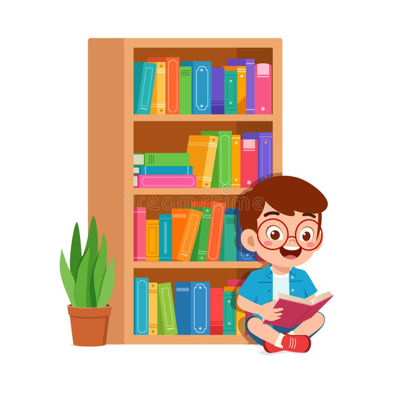 Little Kid Read Book in the Library Stock Illustration - Illustration ...