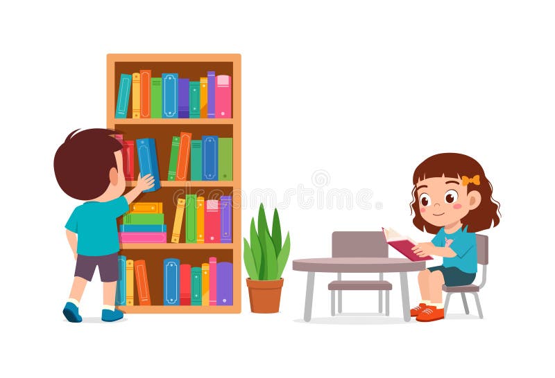 Little Kid Read Book in the Library with Friend Stock Illustration ...