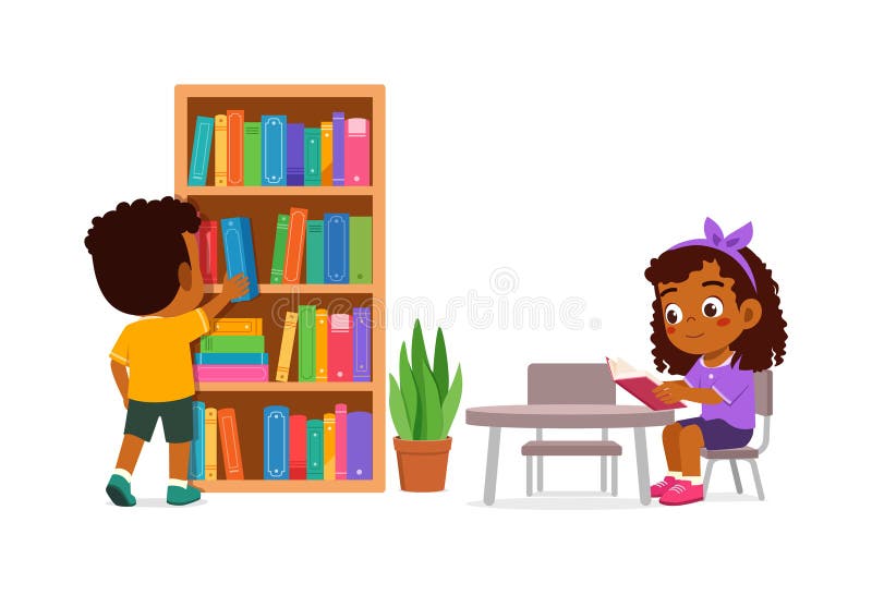 Little Kid Read Book in the Library Stock Vector - Illustration of ...