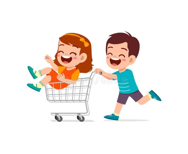 Little Kid Ride on Trolley and Friend Push while Run Stock Vector ...