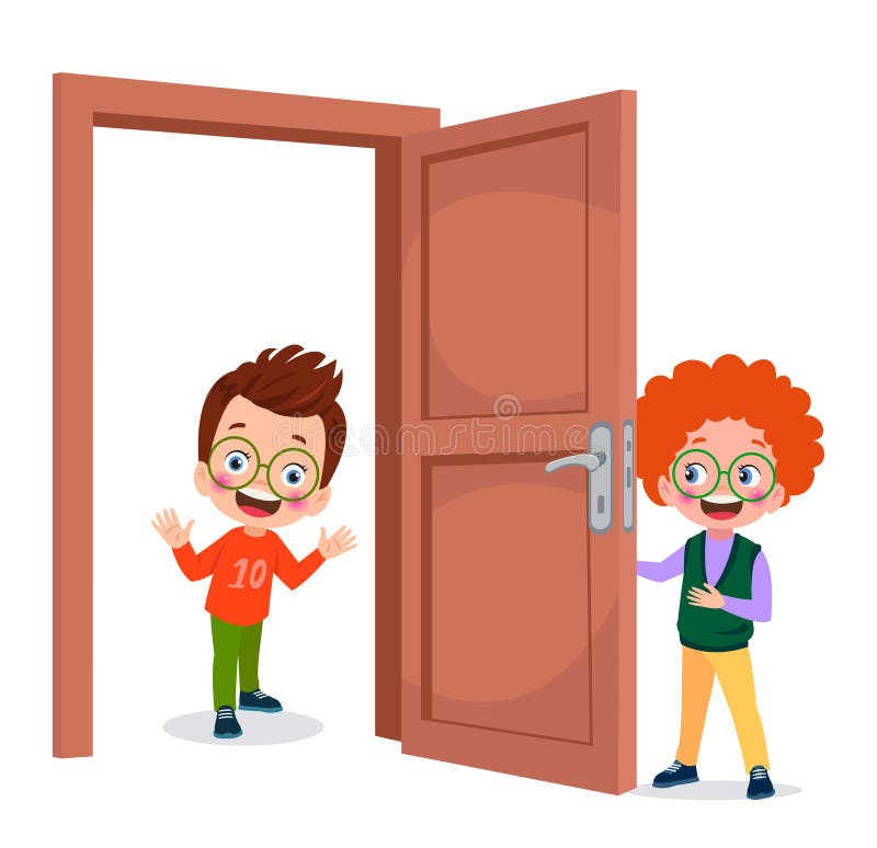 Little Kid Standing and Holding Door Knob Stock Vector - Illustration ...