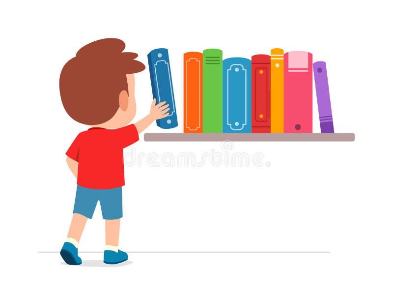Little Kid Take a Book from Bookshelf Stock Illustration - Illustration ...
