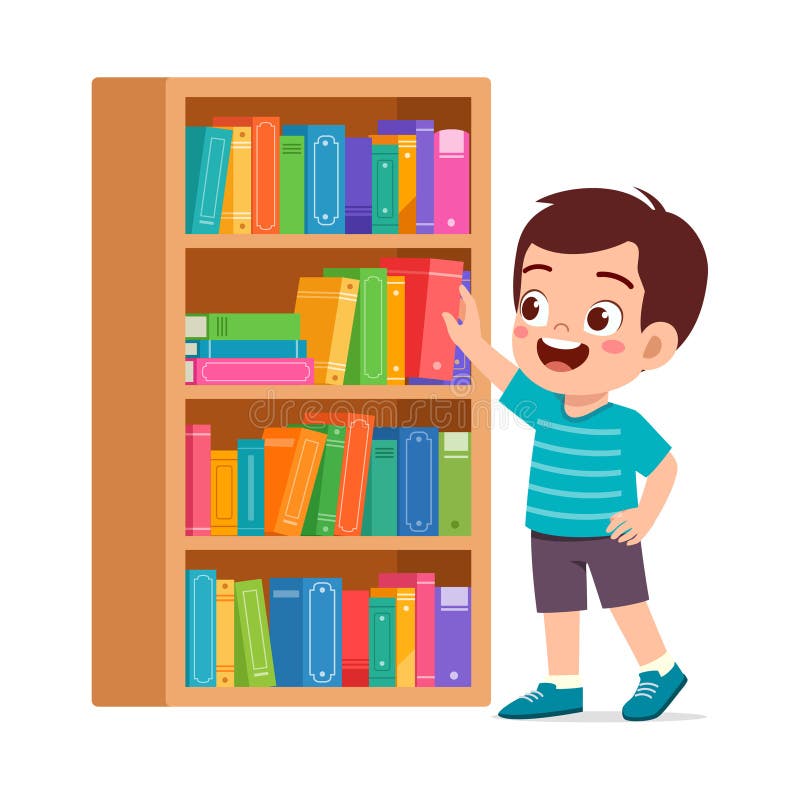 Little Kid Take a Book from Bookshelf Stock Illustration - Illustration ...