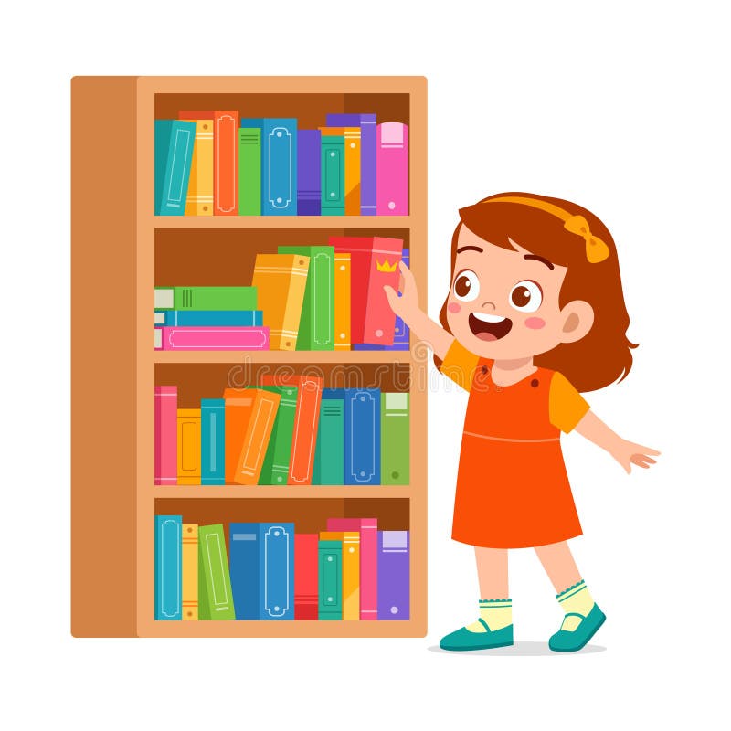Little Kid Take a Book from Bookshelf Stock Illustration - Illustration ...
