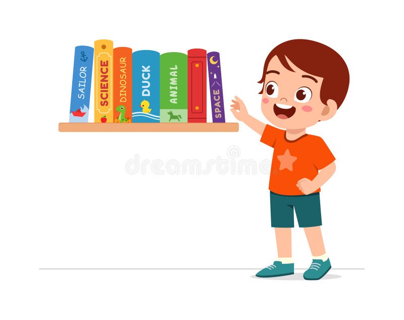 Little Kid Take a Book from Bookshelf Stock Vector - Illustration of ...