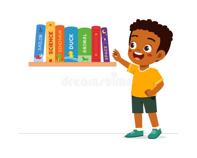 Little Kid Take a Book from Bookshelf Stock Vector - Illustration of ...