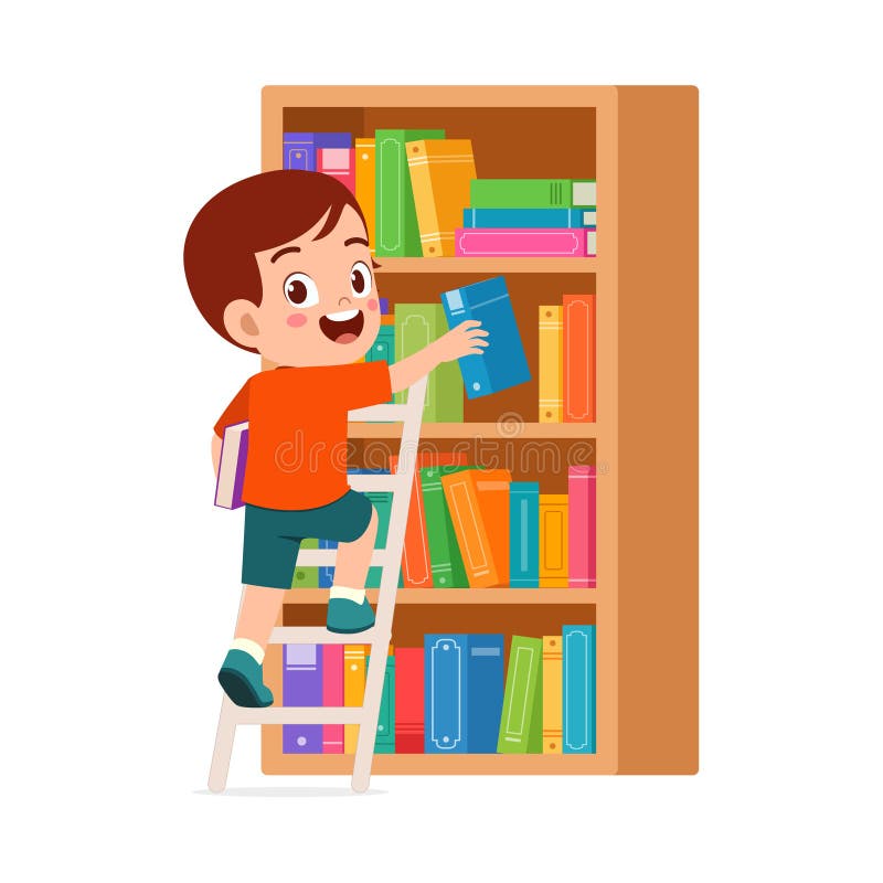 Little Kid Take a Book from Bookshelf Using Ladder Stock Illustration ...