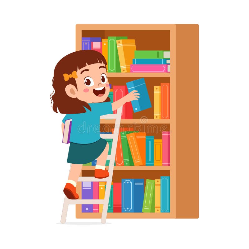 Little Kid Take a Book from Bookshelf Using Ladder Stock Vector ...
