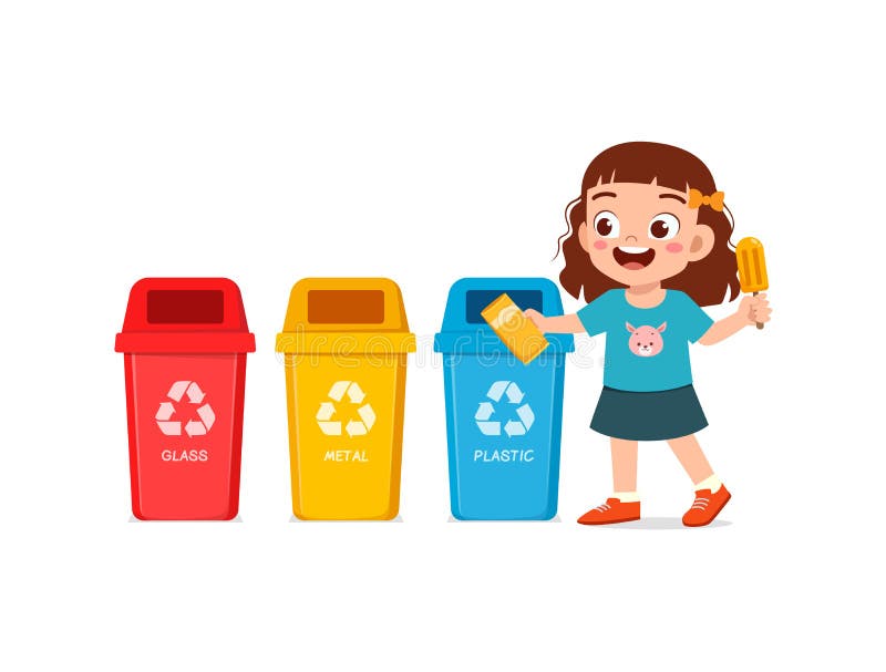 Little Kid Throw Plastic Waste To Recycle Bin Stock Vector ...